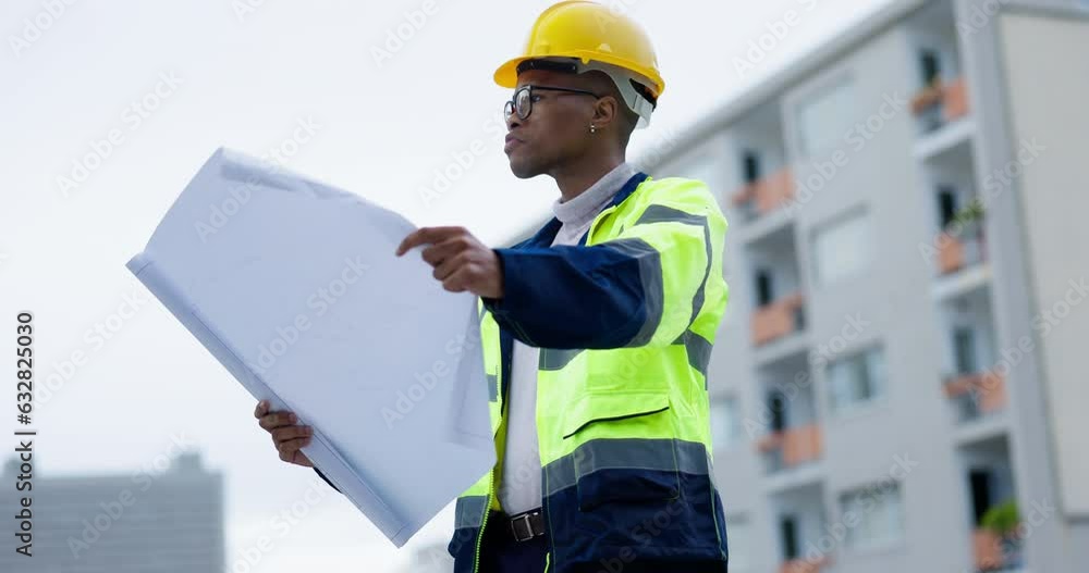 Engineering, man and blueprint paper for city planning, buildings ...