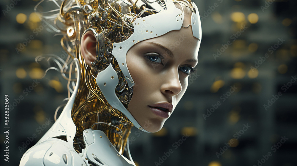 Girl character design. Cyborg face woman technology background with ...