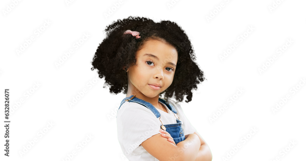 Eyebrow, attitude and portrait of child with crossed arms on isolated ...