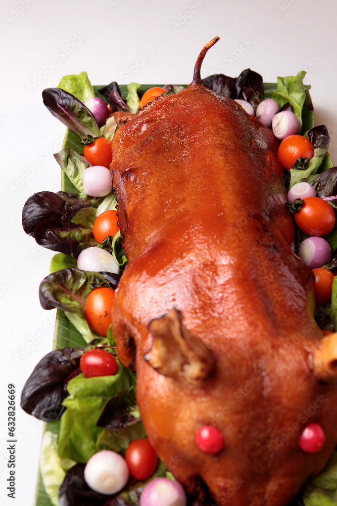 traditional chinese crispy grilled bbq whole suckling pig meat with ...