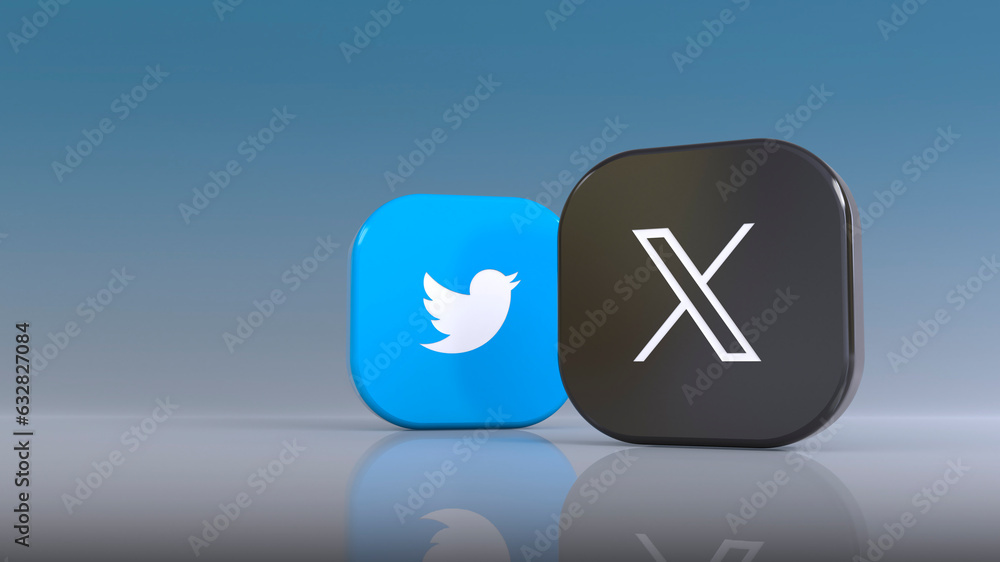 3D rendering of two square badges with the Twitter logo and the new X ...