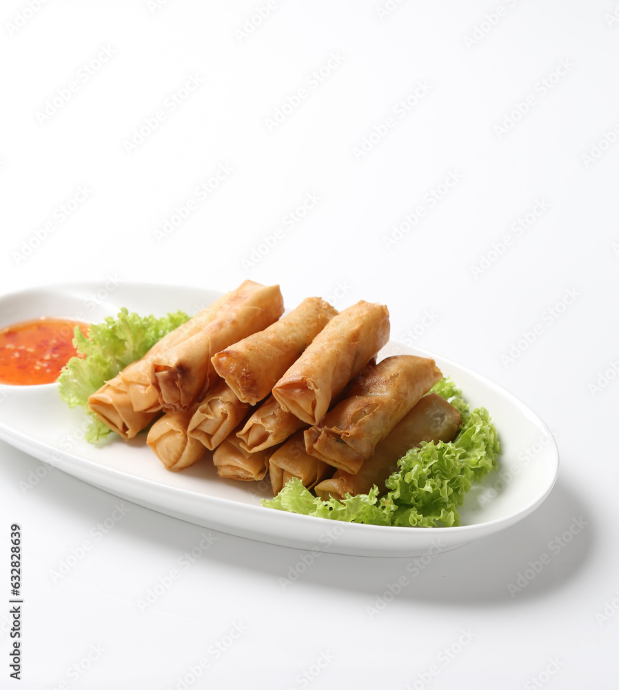 deep fried crispy vegetable spring roll with thai chilli spicy sauce ...