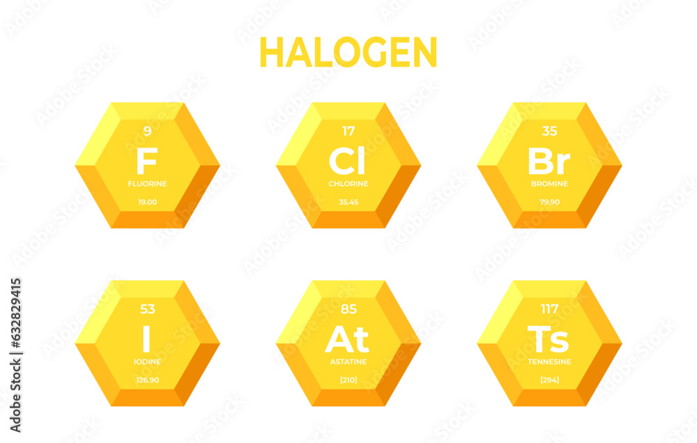 Chemical elements of halogen in hexagons. Mendelev table elements in ...