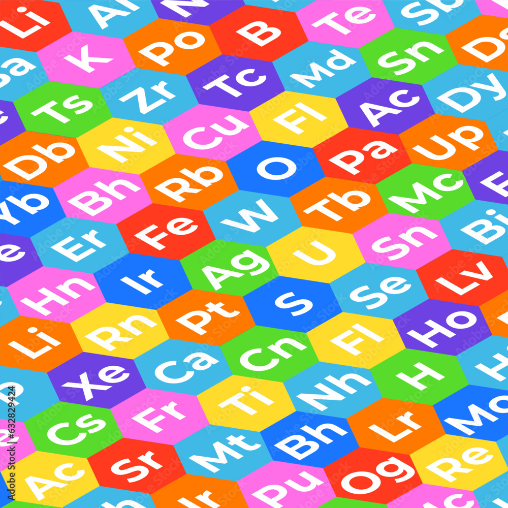 Chemical elements in hexagons isometric illustration. Mendelev table ...