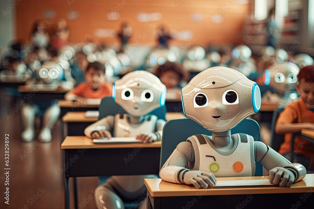 Children and robots at school. Elementary age pupils in class ...