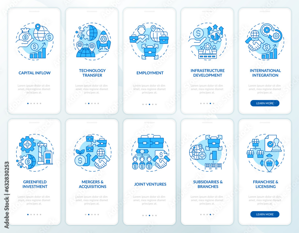 2D blue icons representing foreign direct investment mobile app screen ...