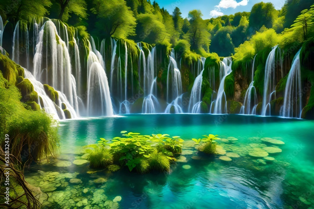 Exotic waterfall and lake panorama landscape of Plitvice Lakes, UNESCO ...