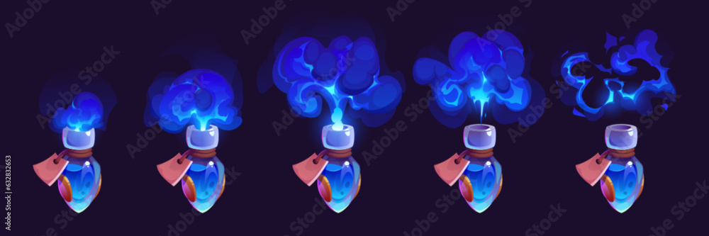 Cartoon set of blue elixir bottle with gas cloud puff effect isolated ...