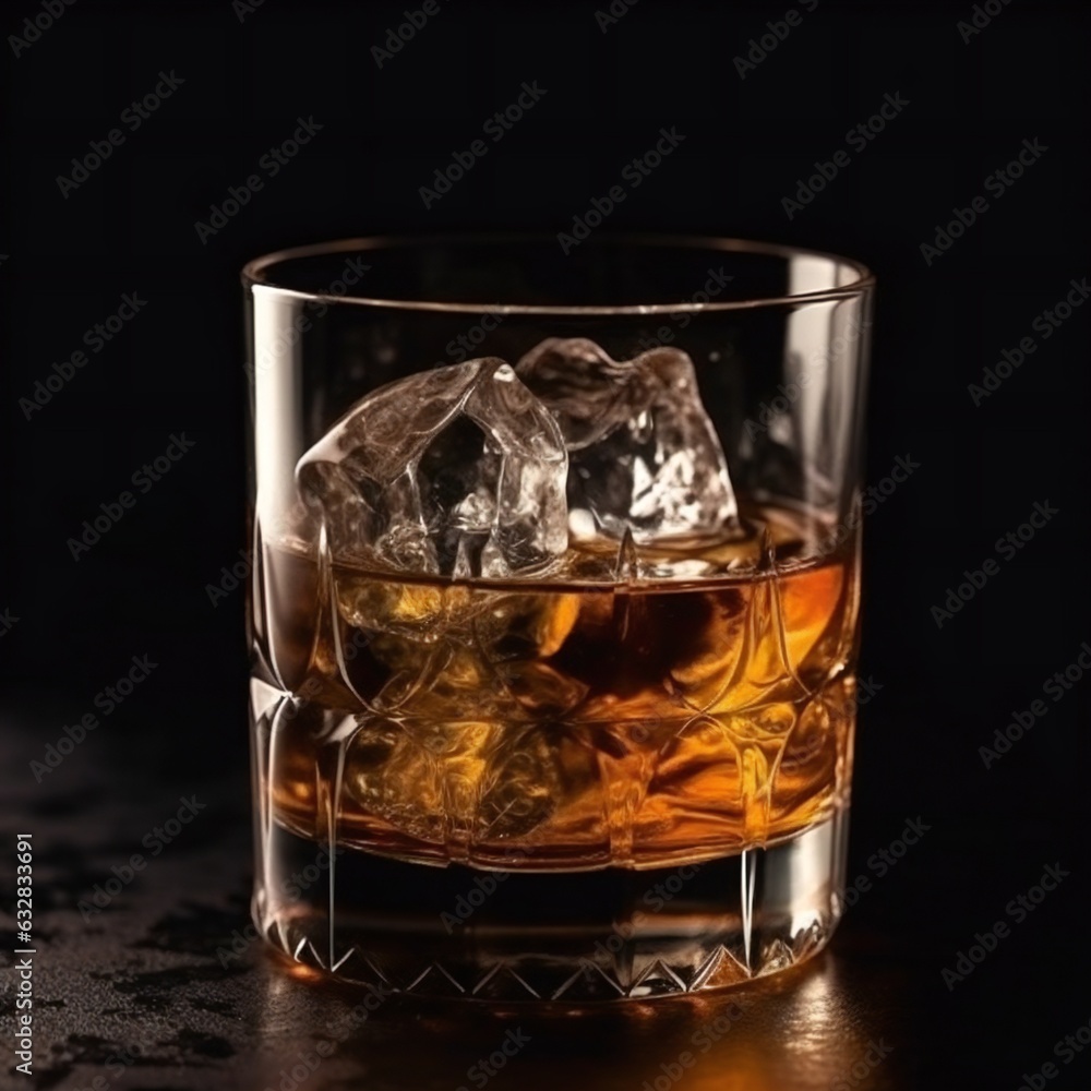 Glass of elegant whiskey with ice cubes on a bar counter with dark moody atmosphere. Drink art ...