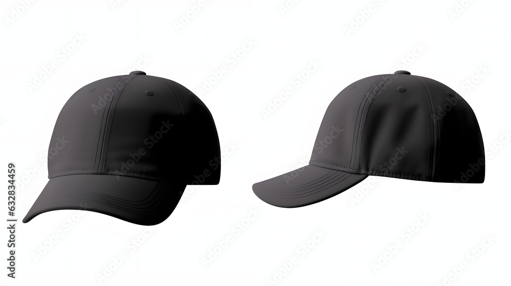 Set of black front and side view hat baseball cap on transparent ...
