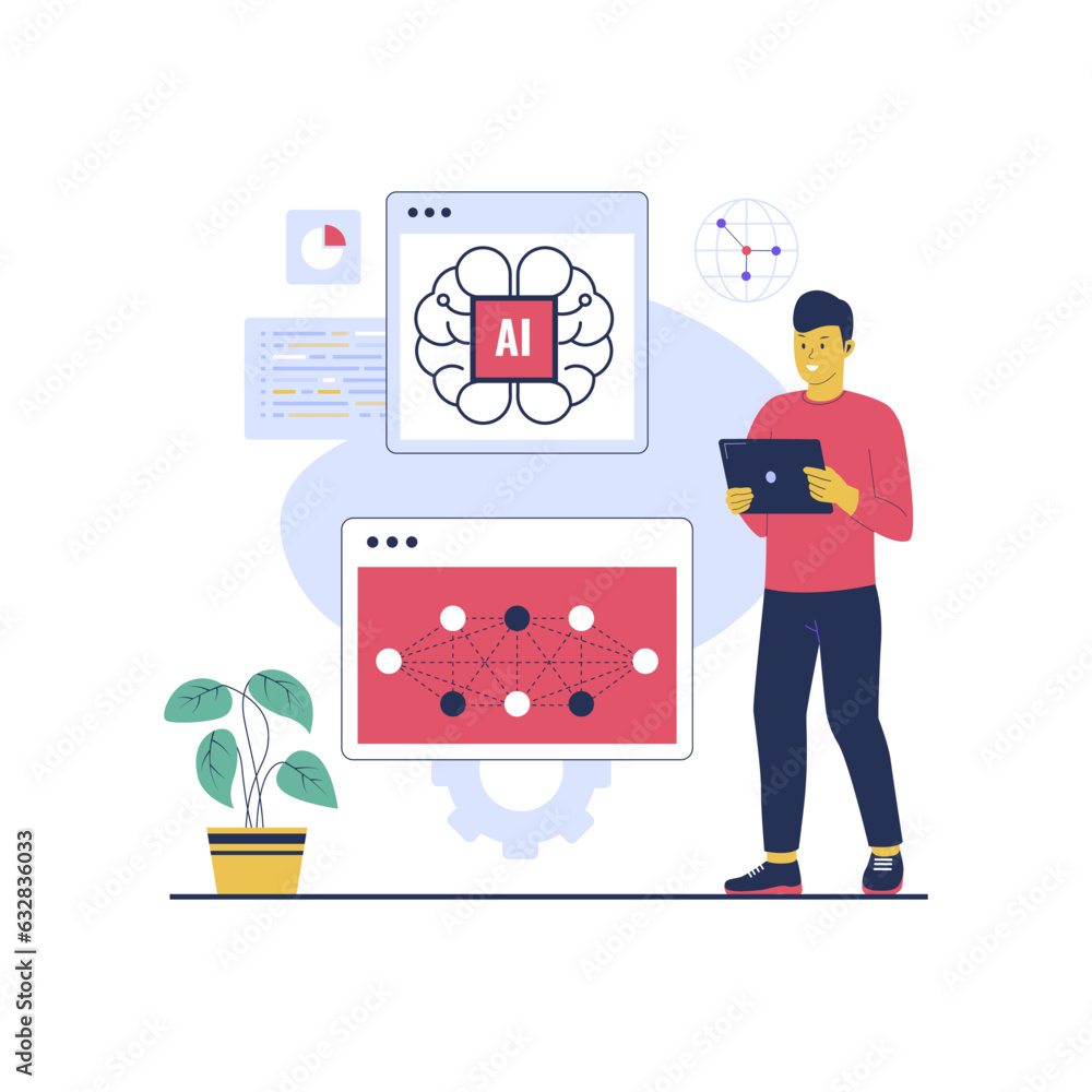 Concept illustration of deep learning technology. Flat vector ...