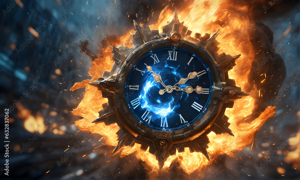 Burning through Time, Blue Clock Face, Clock on Fire, Exploding, Time ...