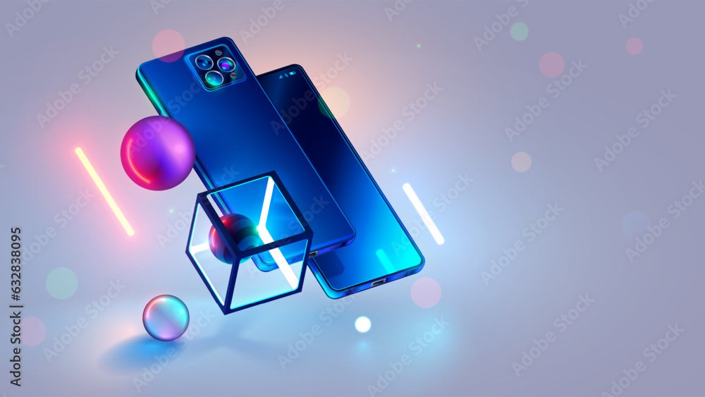 Phone hovered at an angle above surface among geometric 3d shapes in ...