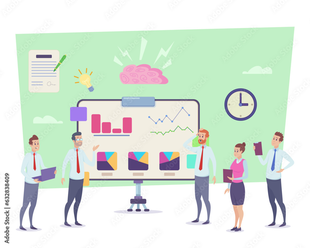 Employees brainstorming next to board vector illustration. Cartoon ...