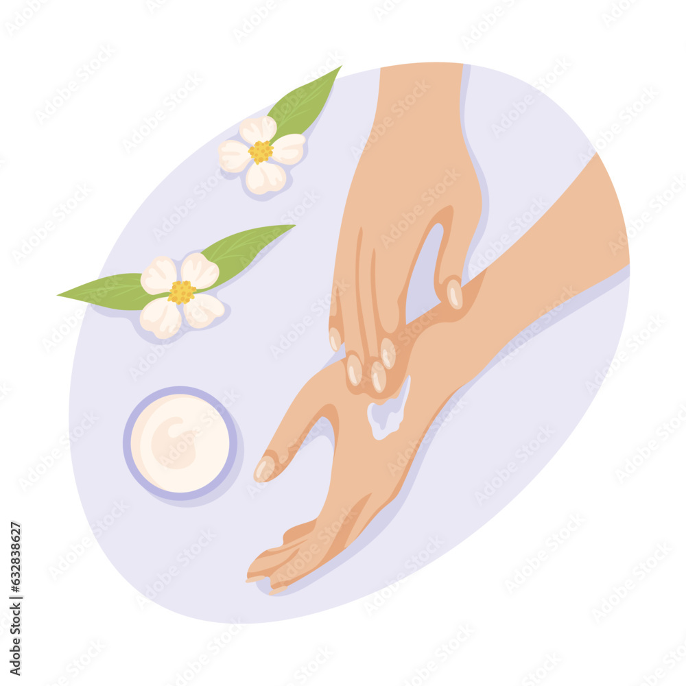 Hands of woman applying cream vector illustration. Cartoon drawing of ...