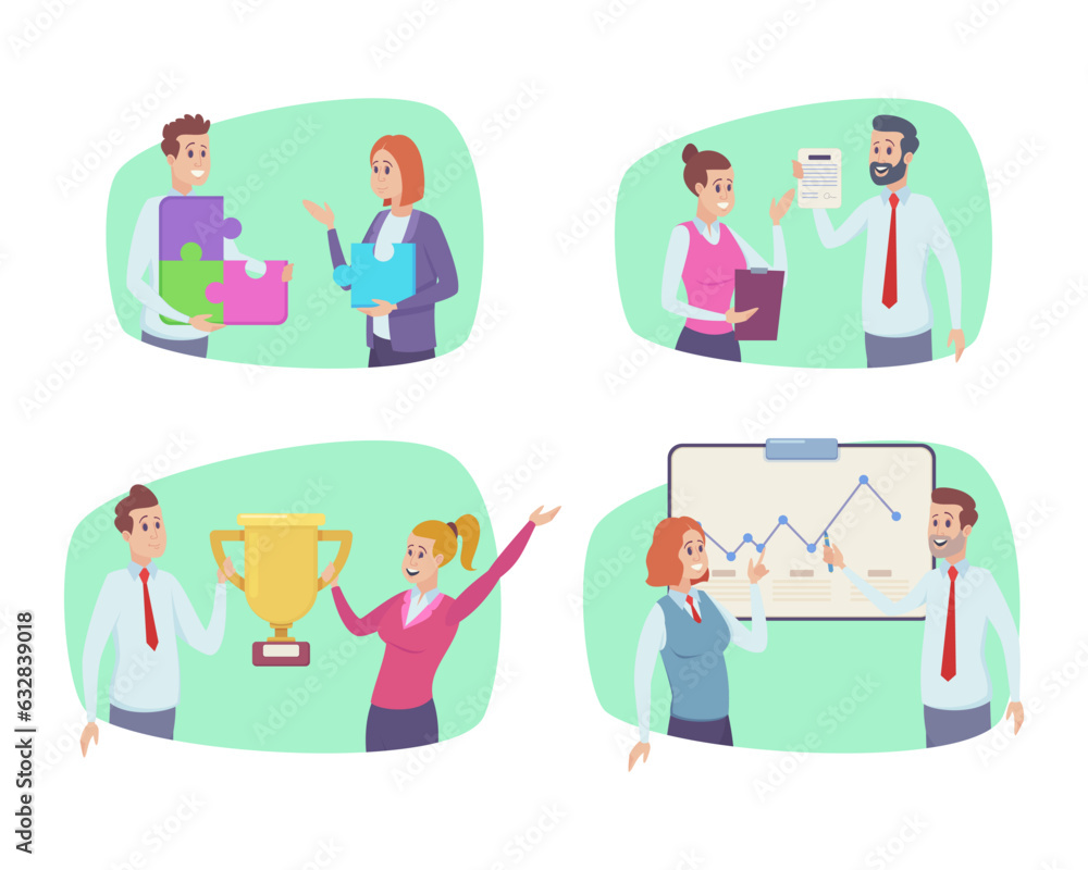 Happy colleagues working together vector illustrations set. Drawings of ...