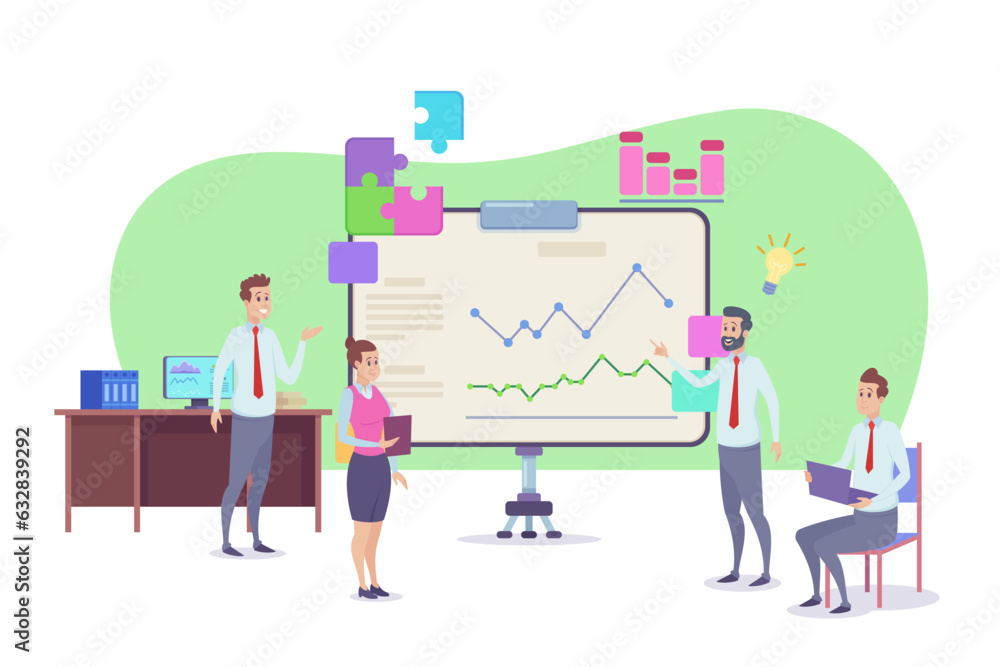 Happy office employees working together vector illustration. Cartoon ...