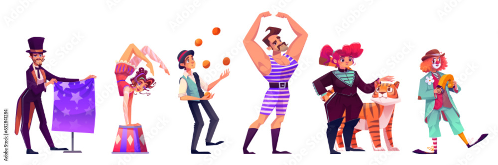 Circus character with clown, acrobat and juggler carnival cartoon ...