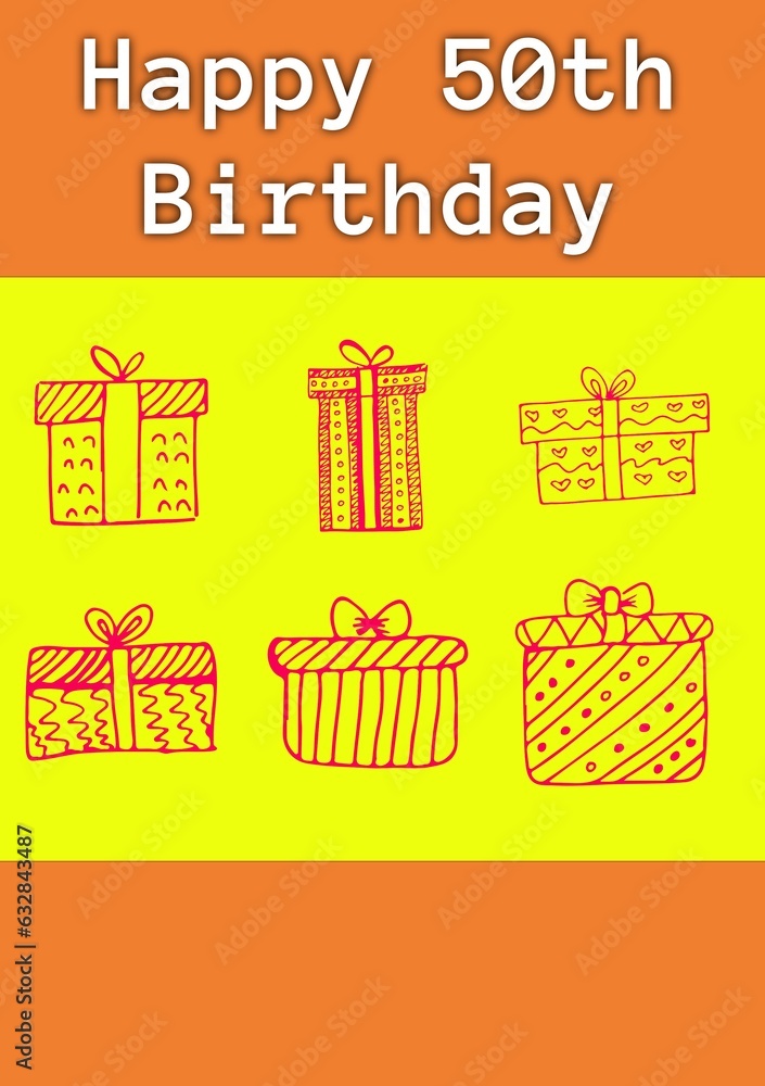 Composite of happy 50th birthday text and birthday presents on yellow ...