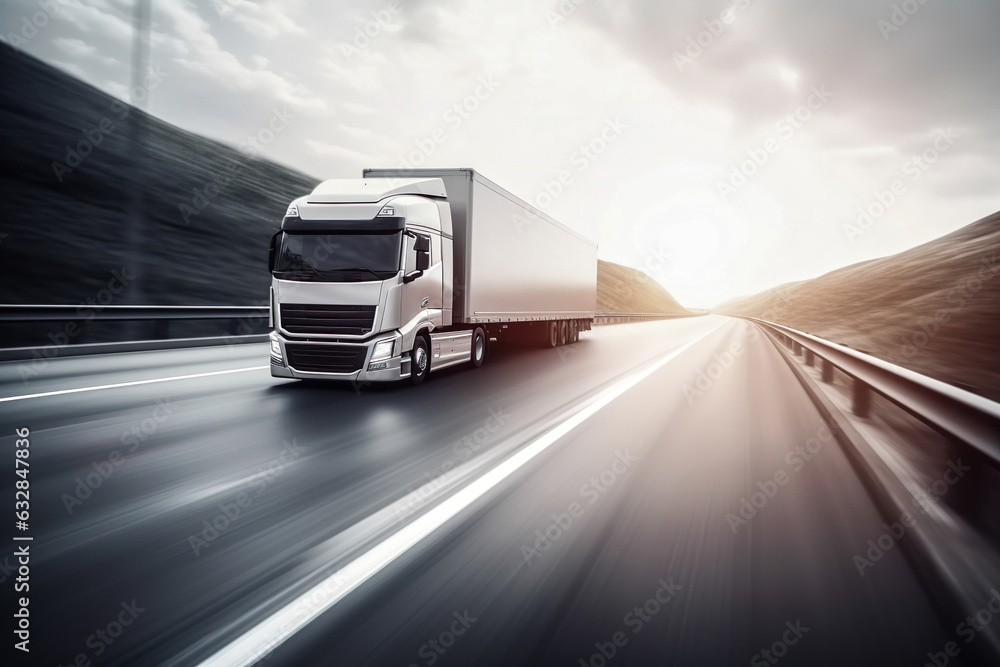 Fast Moving Truck On The Highway In Bright Sunshine. Efficient ...