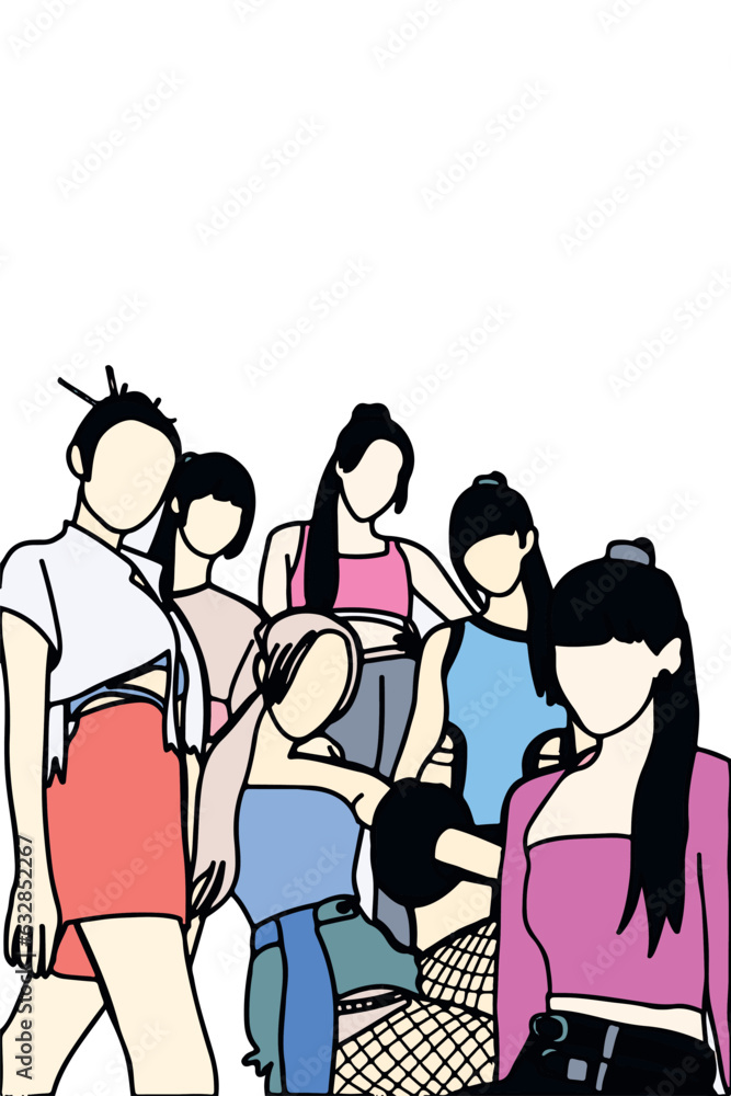 Vector illustration of six-member kpop idol girl group with girls crush ...