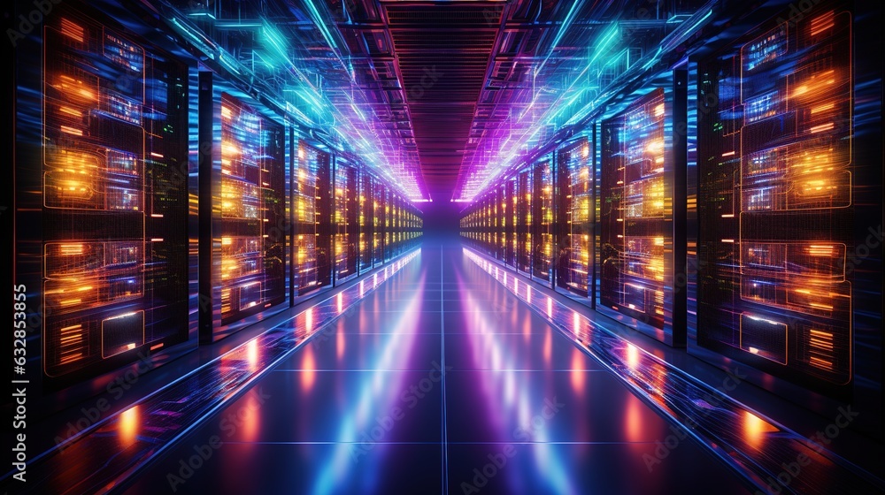 Shot of corridor in working data center filled with rack servers and ...