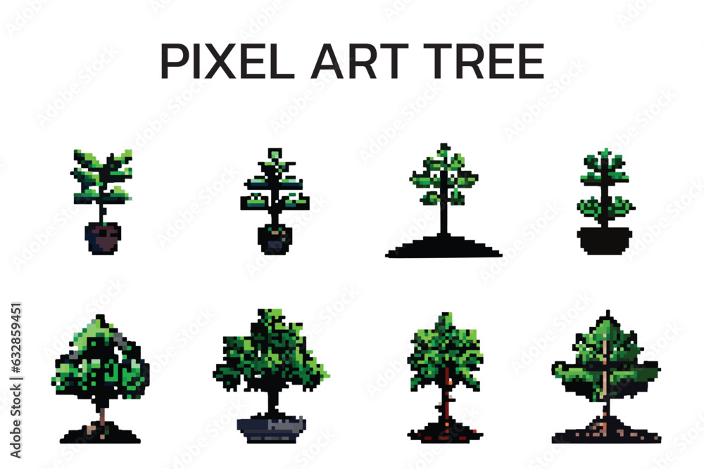 pixel art set of tree / pixel art set of plant Stock Vector | Adobe Stock