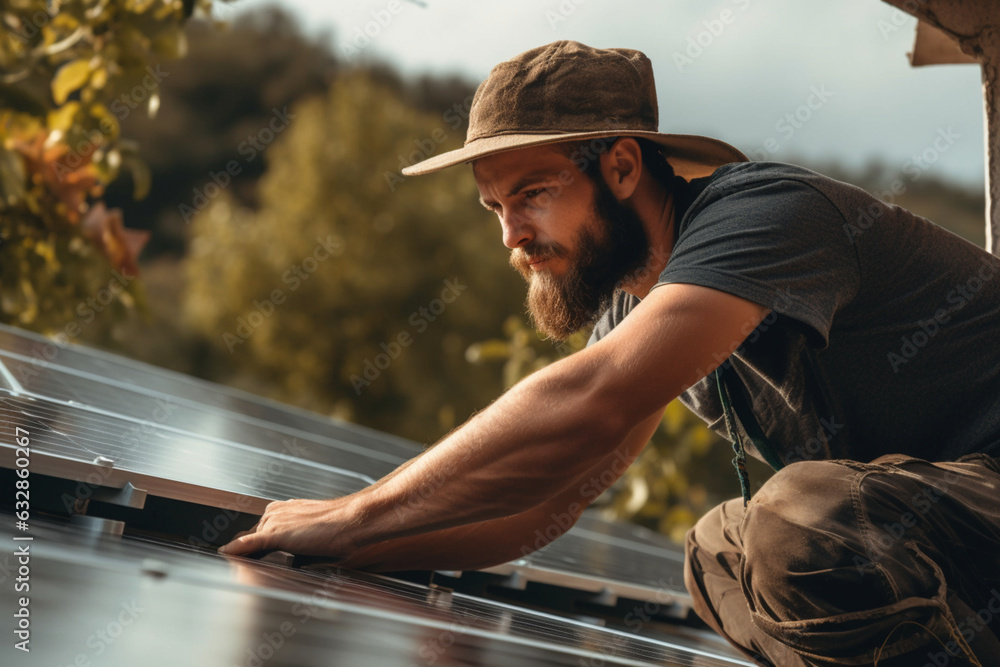 At Sunlight man worker fixes solar panels on a metal basis, A worker ...