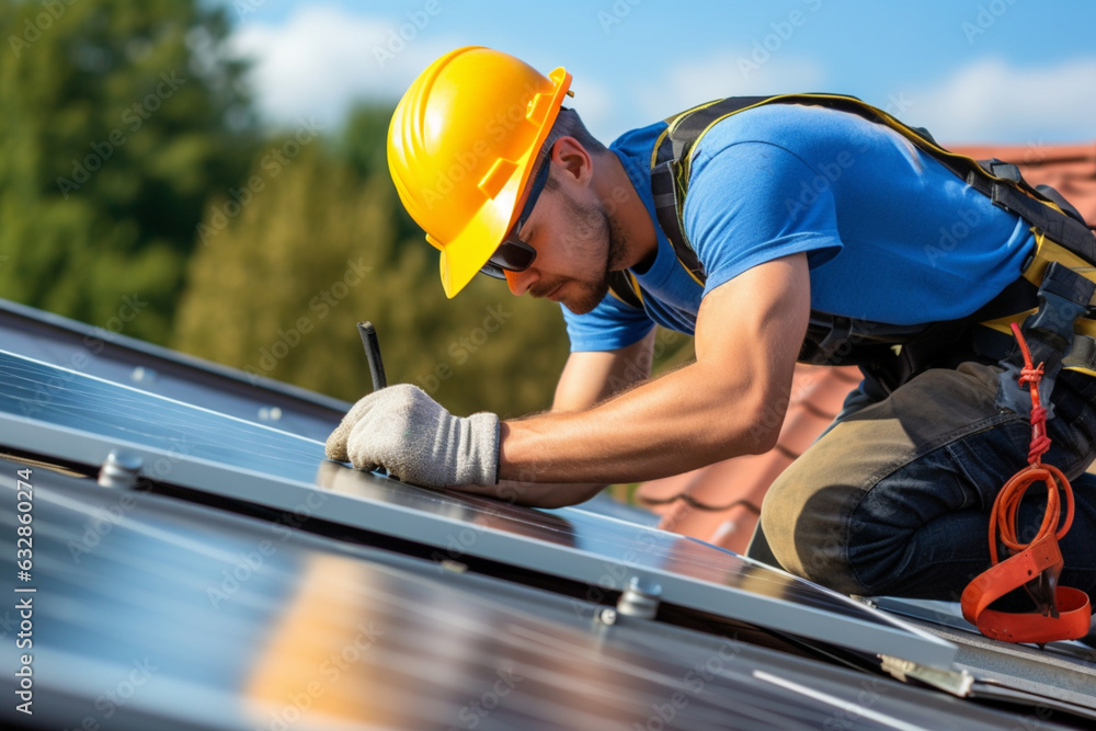 At Sunlight man worker fixes solar panels on a metal basis, A worker ...