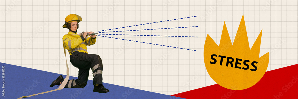 Exclusive magazine picture sketch collage image of firewoman putting ...