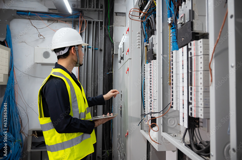 Electrical Engineer team working front control panel, An electrical ...