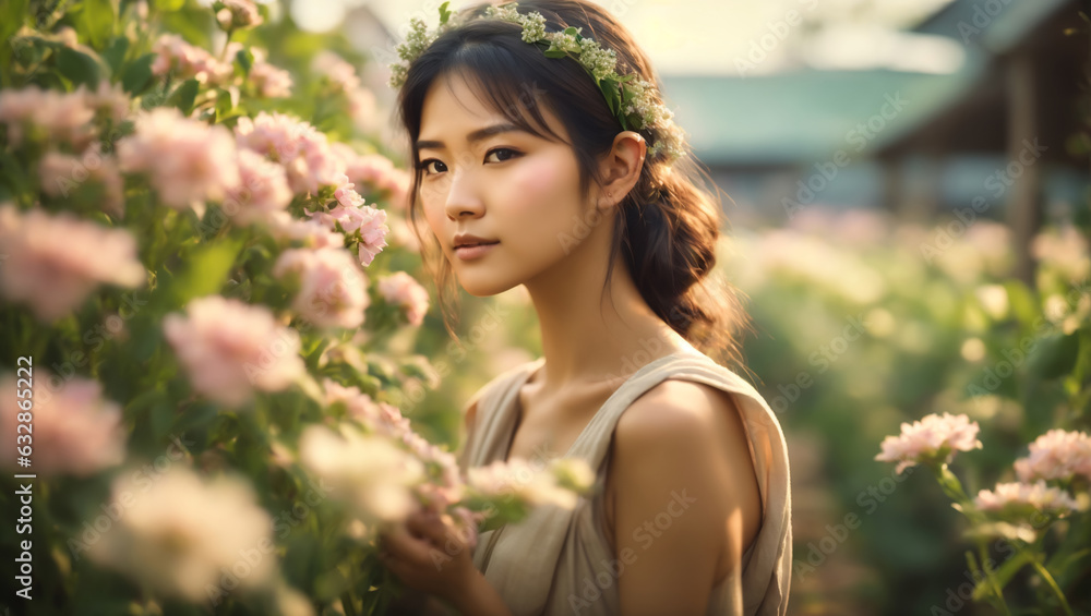 Flower garden becomes a captivating canvas as a beautiful Asian girl ...