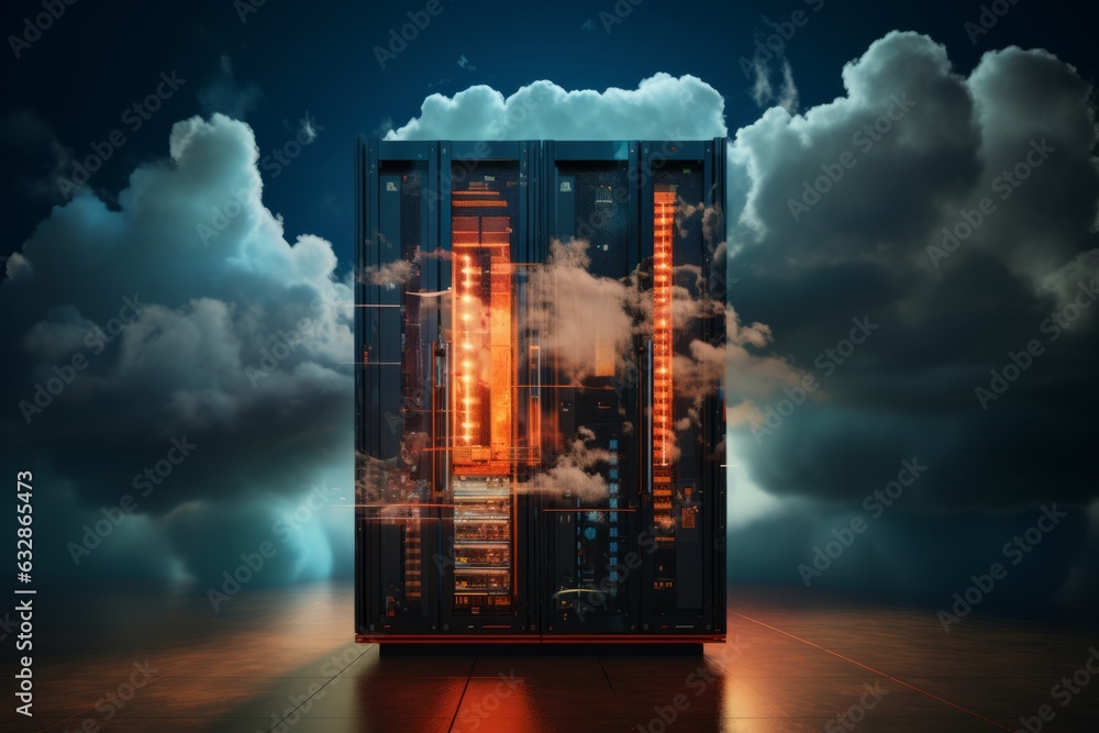 Cloud Computing: Server Tower with Clouds and Graphical Elements ...