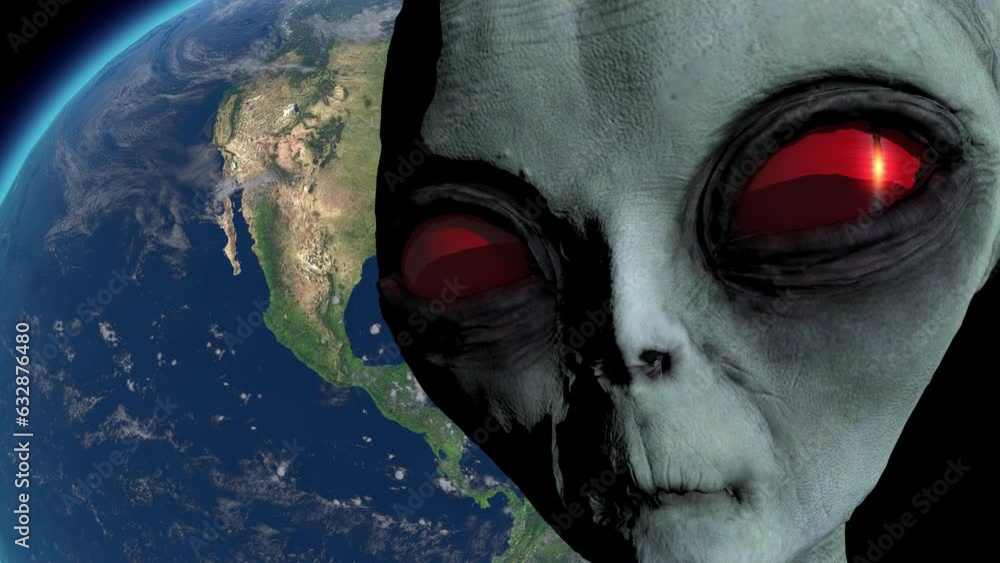 Scary gray alien stands on the moon and looks blinking. Planet Earth Is ...