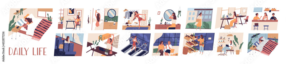 Daily life, work day routine set. Everyday lifestyle from morning till ...