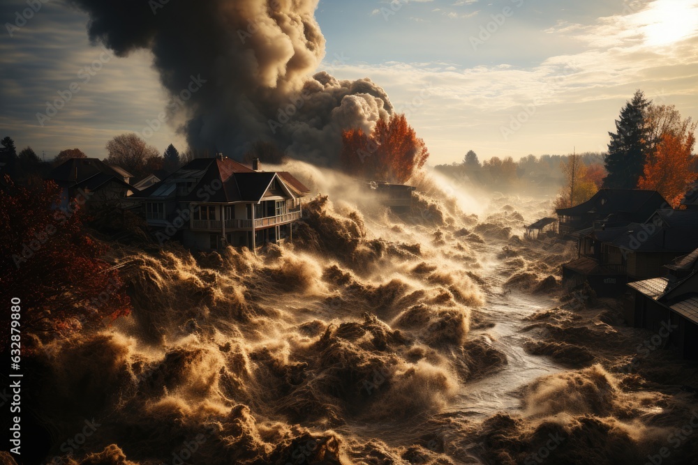 Harrowing scenes of large river floods and devastating floods Stock ...