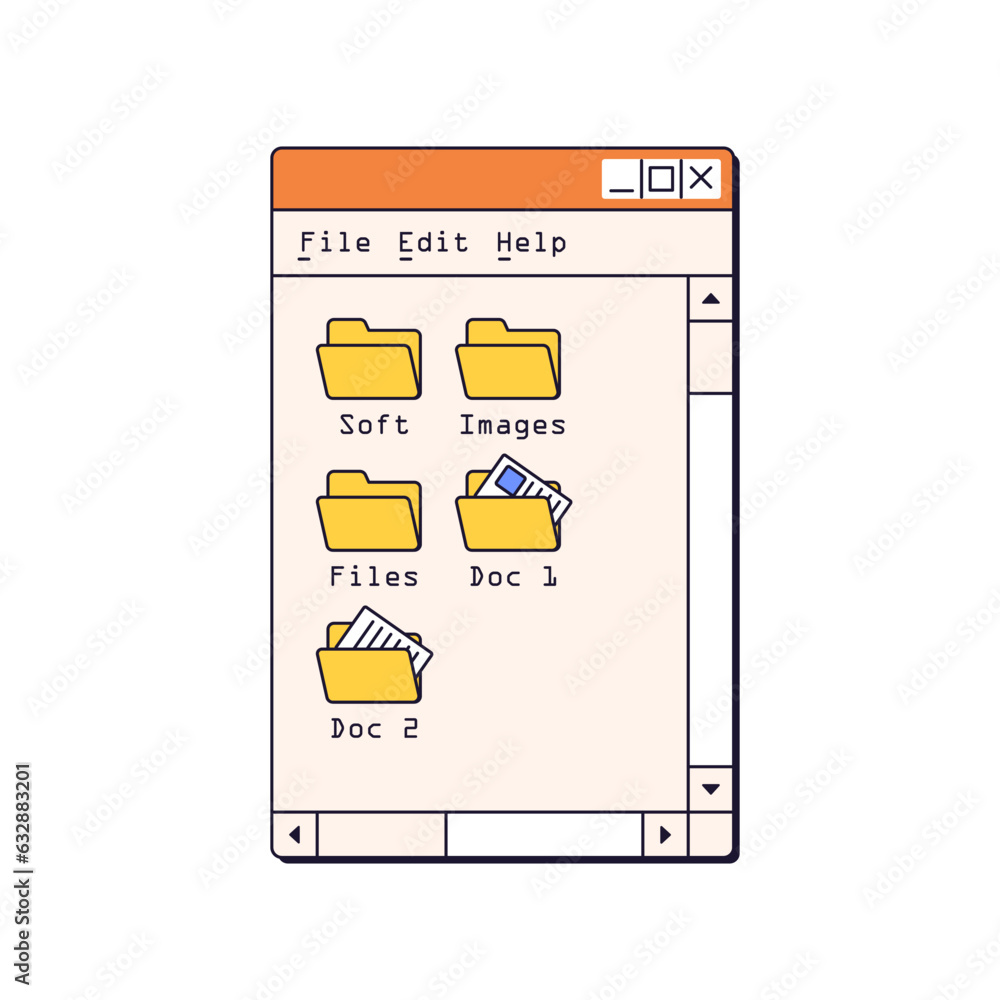 Computer folders, 90s window interface. Desktop storage of images ...