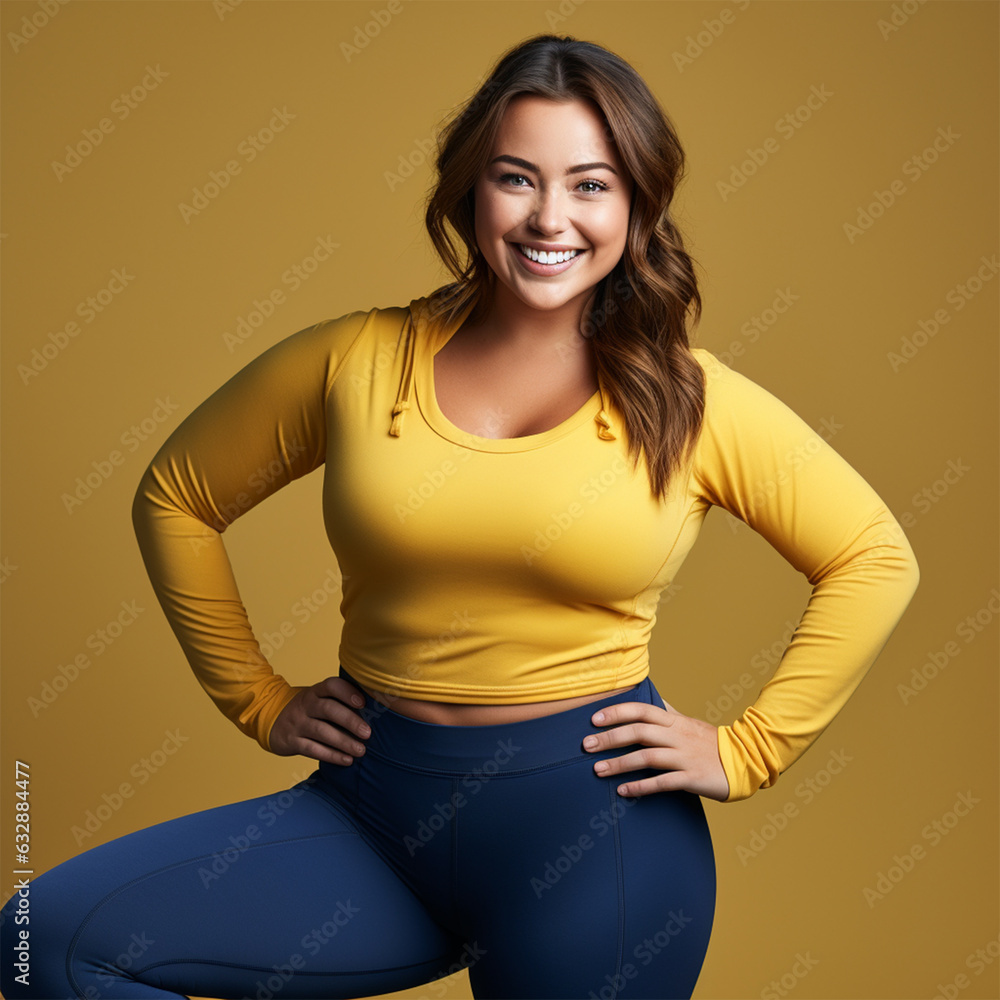 beautiful plus size model in a sorted fitness suit, isolate on a yellow ...