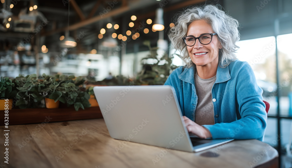 Old granny woman working on laptop computer in cafe at table. Senior ...