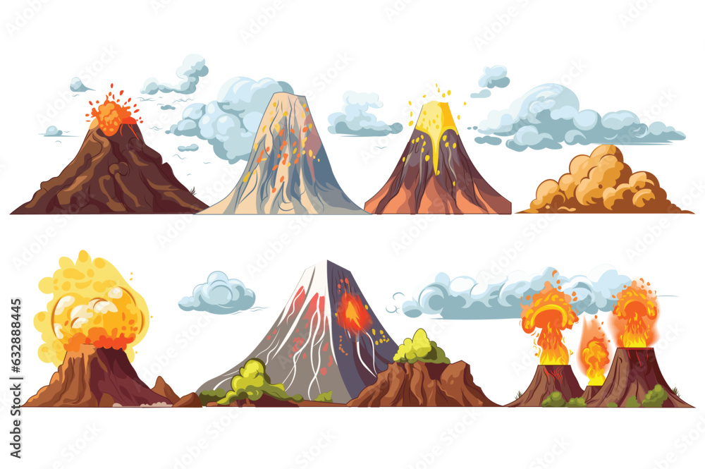 Vetor de Volcano set in the flat cartoon style. A stunning set of ...
