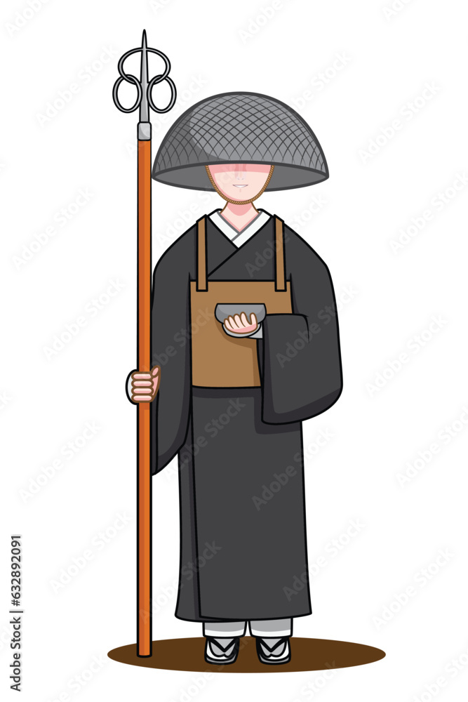 Priest or Buddhist monk dress with straw hat and large cane or stave ...