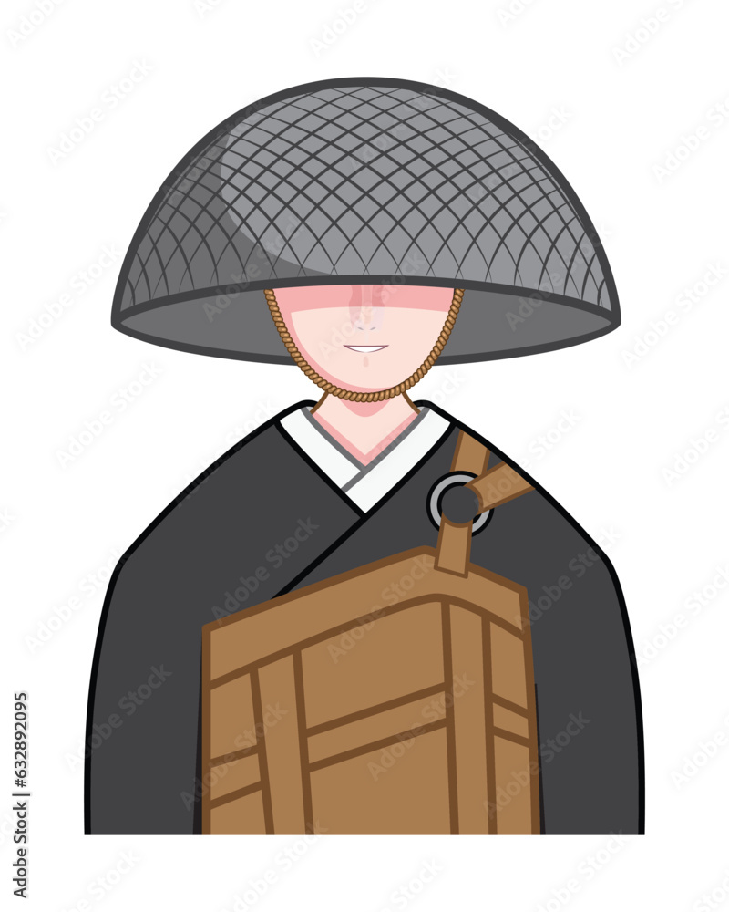 Art of smart Priest or Buddhist monk dress with straw hat drawing in ...