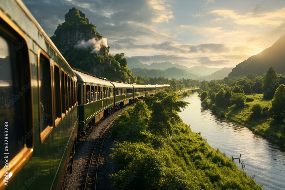 Journey through a scenic river valley by train, passing by meandering ...
