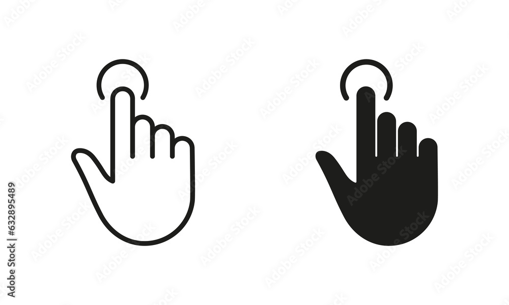 Click Gesture, Hand Cursor of Computer Mouse Line and Silhouette Icon ...