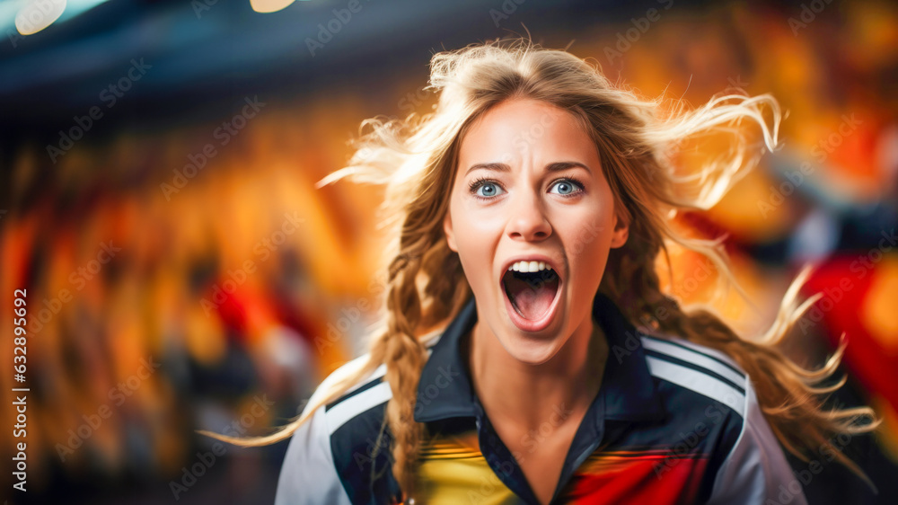 German female soccer fan, excited, wearing team colors, stadium ...