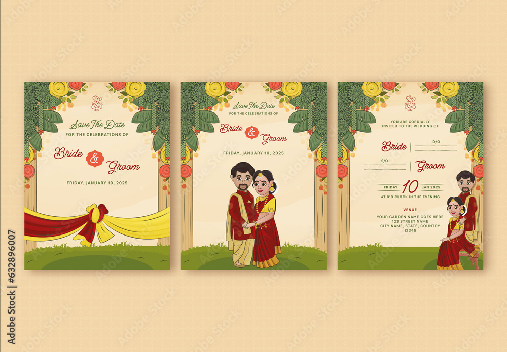 Indian Hindu Wedding Card Decorated with Cute Bride and Groom Chracters ...