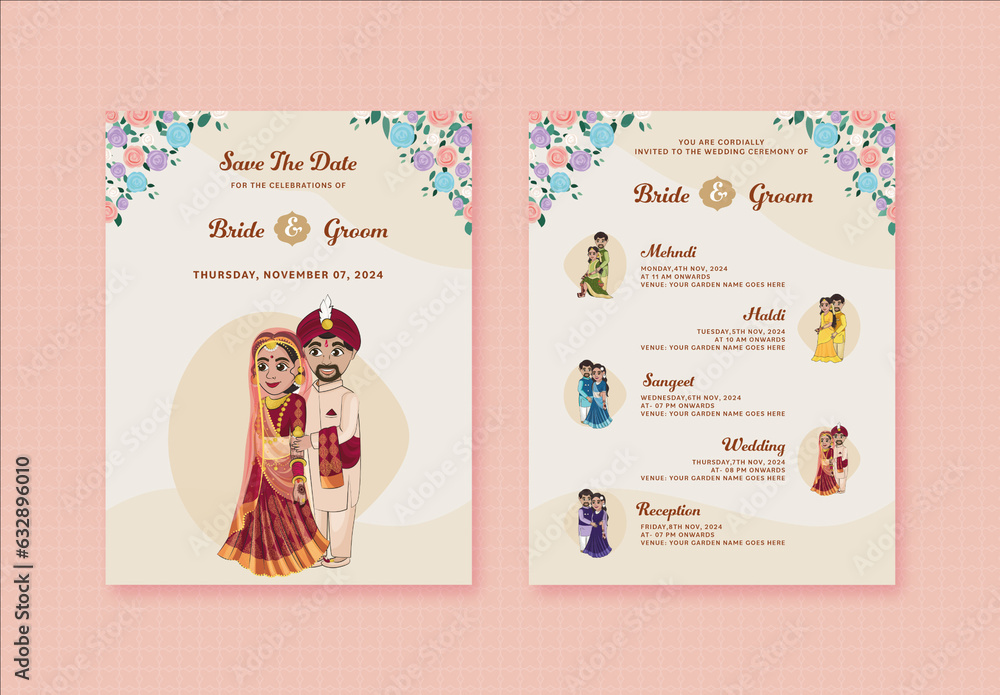 Indian Hindu Wedding Invitation Card Template with Cute Bride and Groom ...