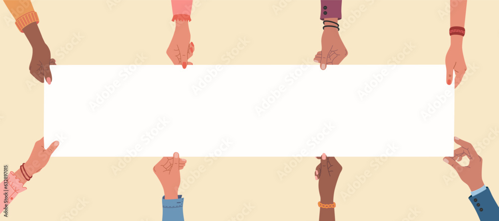 Diverse multiracial hands holding long blank banner. Hand drawn vector ...