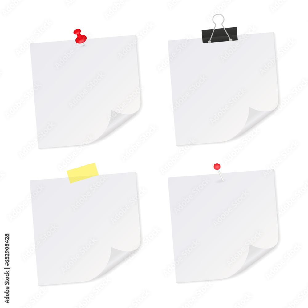 Set of sticky notes paper with push pin, adhesive tape, binder clip ...