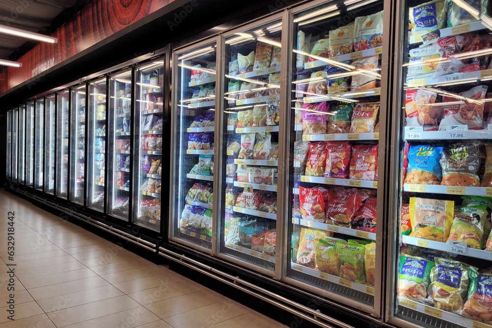 PENANG, MALAYSIA - 1 JULY 2023: Interior view of huge fridge with ...